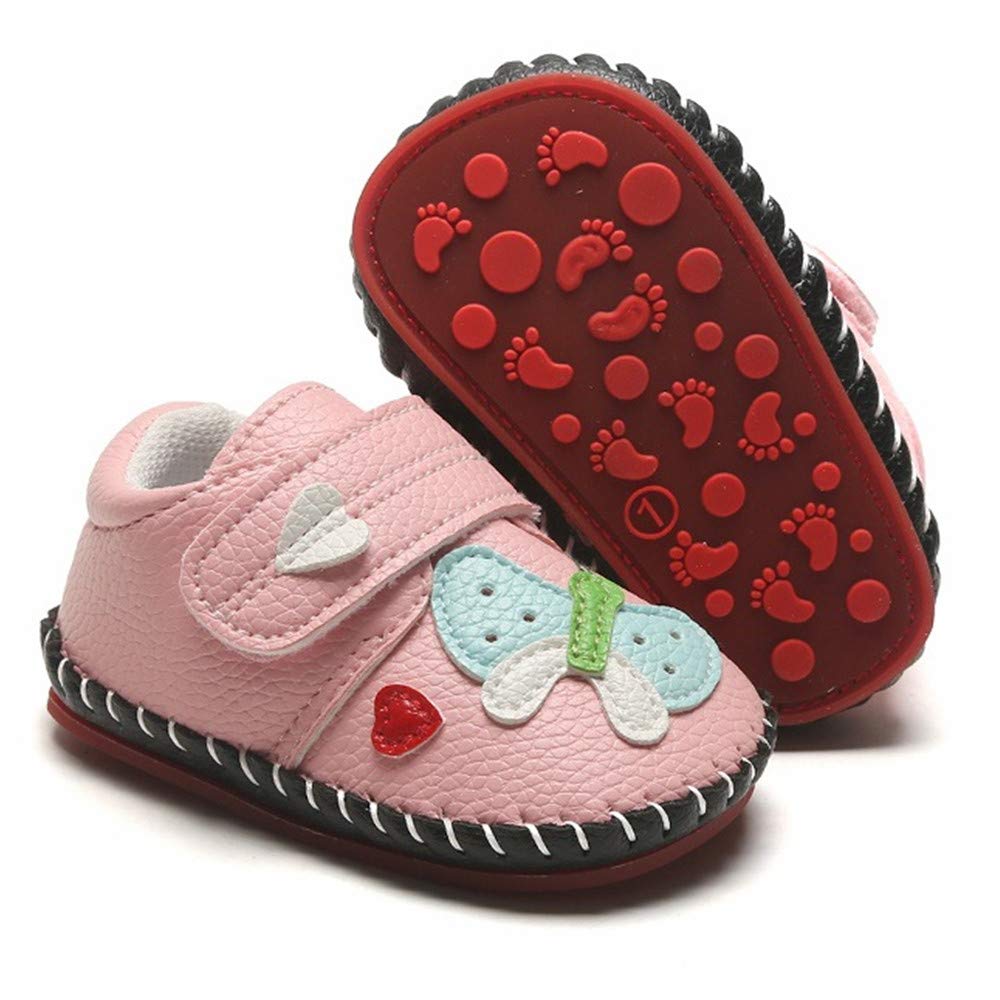 HsdsBebe Baby Boys Girls Pu Leather Hard Bottom Walking Sneakers Toddler Rubber Sole First Walkers Infant Cartoon Slippers Crib Shoes(6-12 Months)