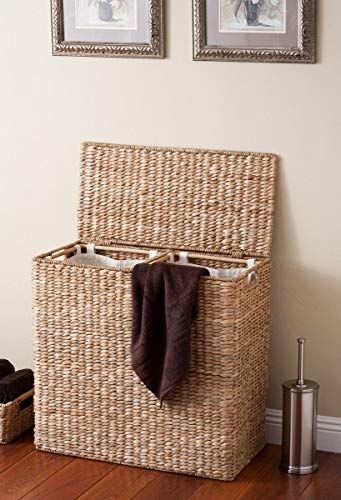 BirdRock Home Oversized Divided Hamper with Liners (Honey) - Made of Natural Woven Seagrass Fiber - Organize Laundry - Cut-Out Handles for Easy Transport - Includes 2 Liners