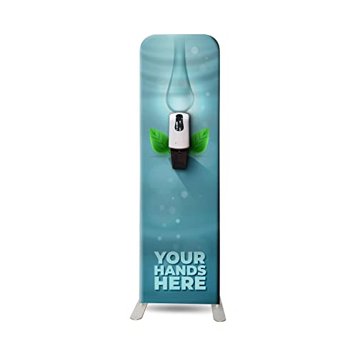 BannerBuzz Hand Sanitizer Automatic Dispenser Floor Stand Kit Touchless Machine with YOUR HANDS HERE Fabric Banner Stand Best for Hospital, Home, School, Office- 2 X 6.5 Ft (Double Side Print, Theme2)