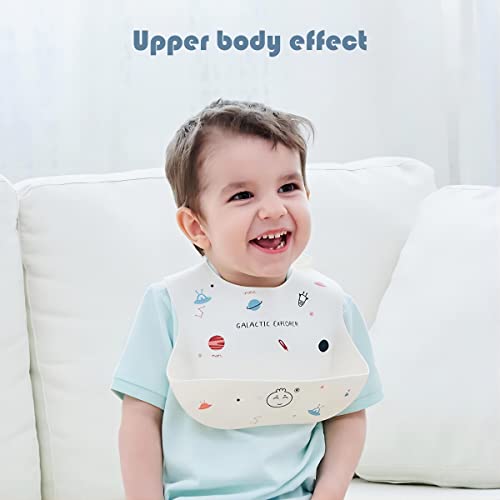 Little Dimsum Silicone Baby Bibs Soft Comfortable Baby Food Bibs Waterproof Feeding Bibs Toddlers Adjustable Silicone Bibs Baby with Food Catcher Easy Wipes Clean,Glatic&spaceship
