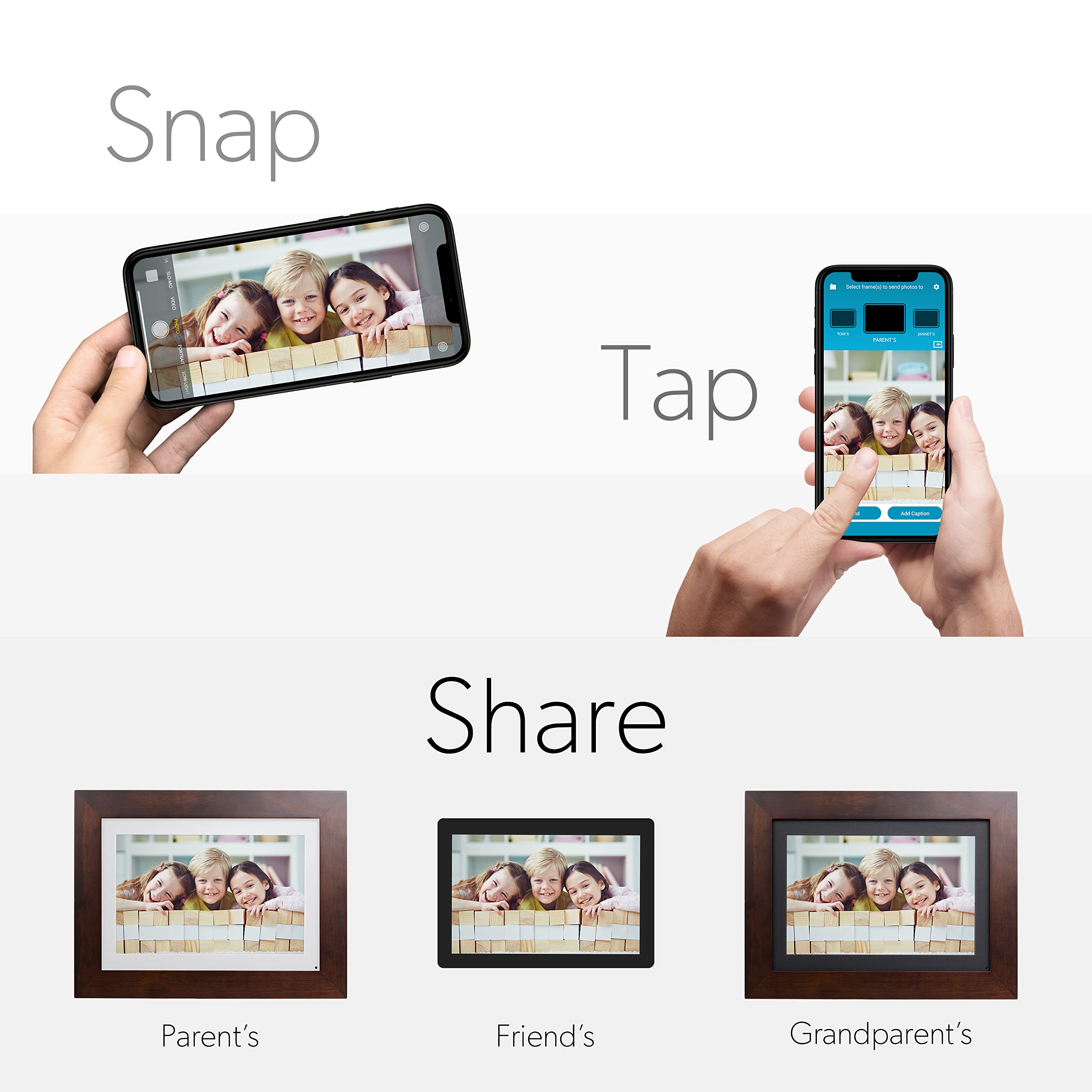 Simply Smart Home Photoshare 8” WiFi Digital Picture Frame, Send Pics from Phone to Frames, 8 GB, Holds 5,000+ Photos, HD Touchscreen, Espresso Wood Frame, Easy Setup, No Fees