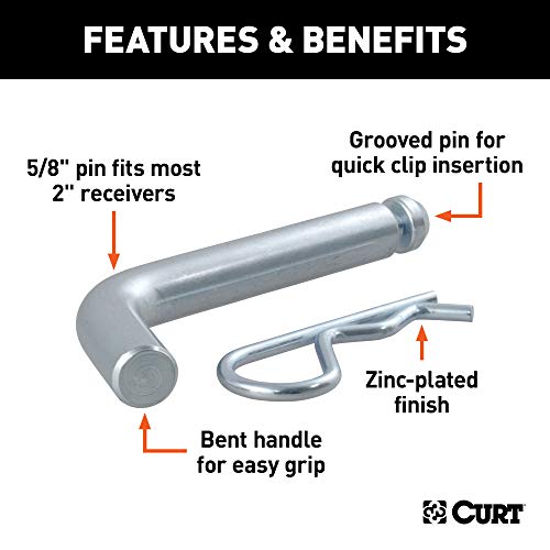 CURT 21504 Trailer Hitch Pin & Clip with Grooved Head, 5/8-Inch Diameter, Fits 2-Inch Receiver