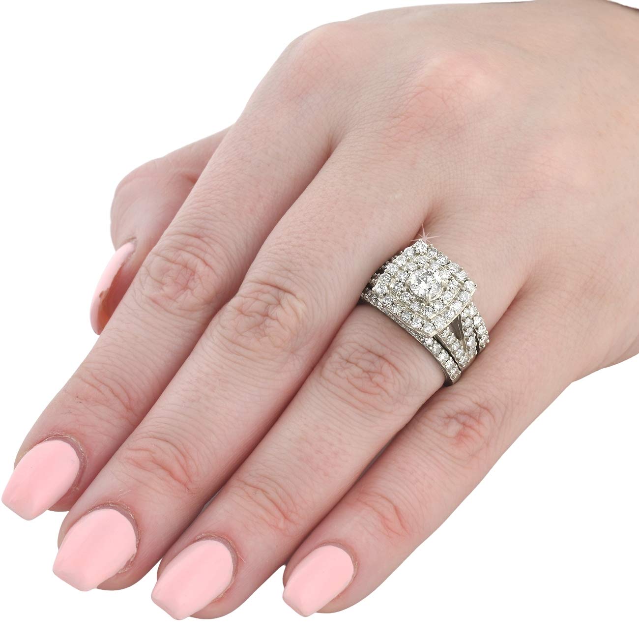 3 ct Diamond Engagement Wedding Cushion Halo Ring Set 10k White Gold - Size 5.5