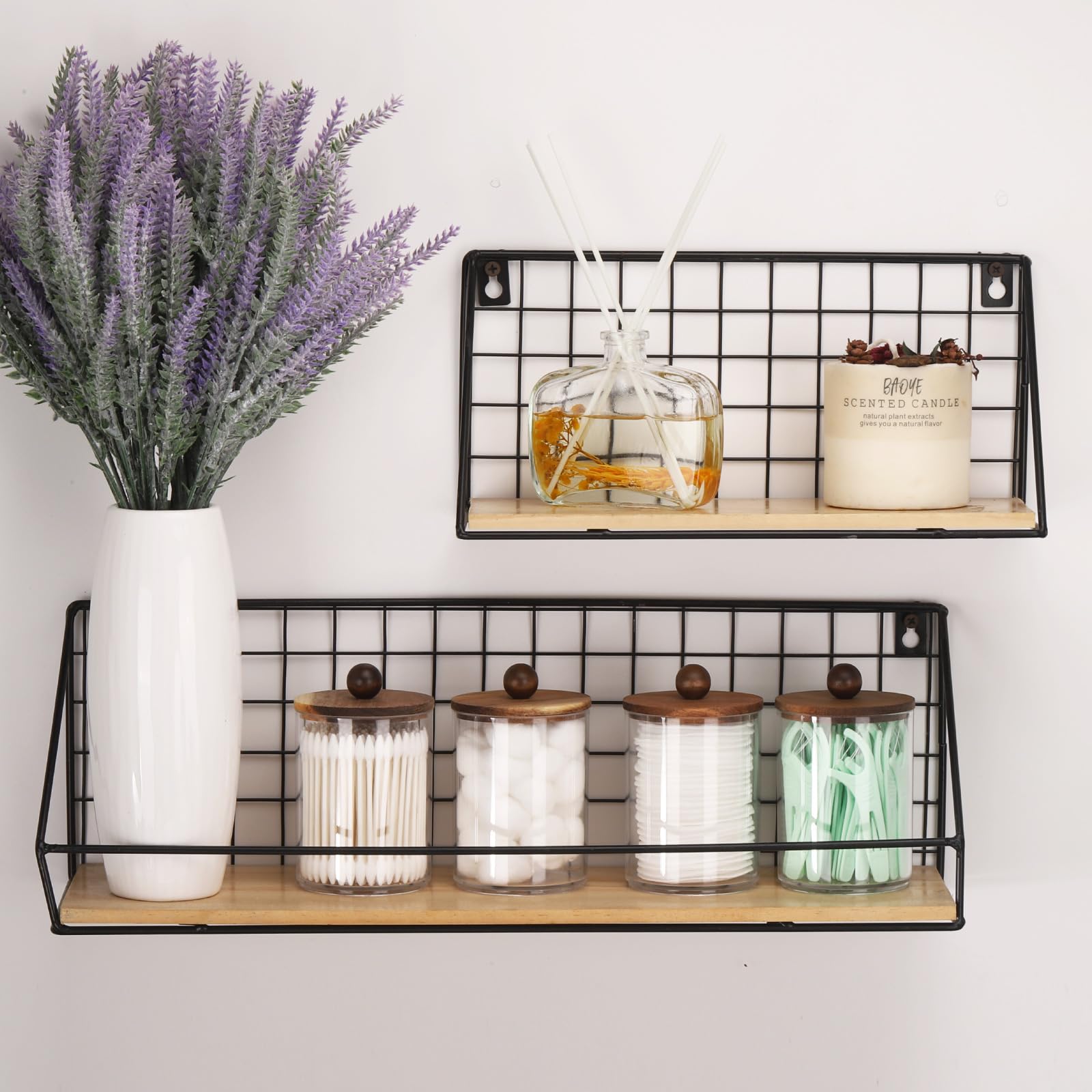 Tbestmax Qtip Holder with Wood Lids, 10oz Plastic Apothecary Jars for Cotton Ball, Cotton Swab, Floss, Clear Bathroom Containers Storage and Organizer