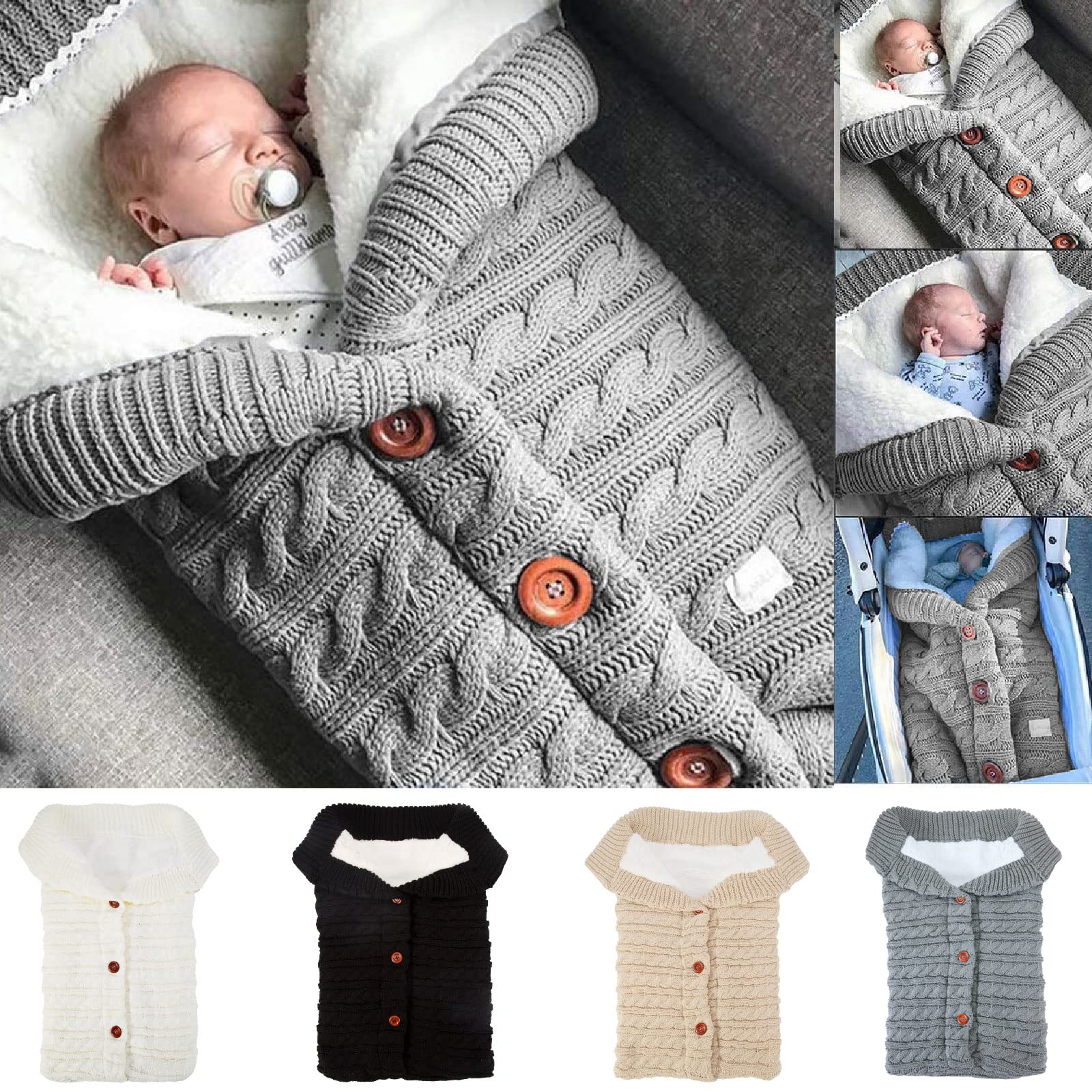 Yunnyp Newborn Baby Fleece Swaddle Blanket Winter Wrap Knitted Sleeping Bag Warm Knit Nap Blanket Plus Velvet,Bag Sleep Sack Stroller Wrap (Gray)