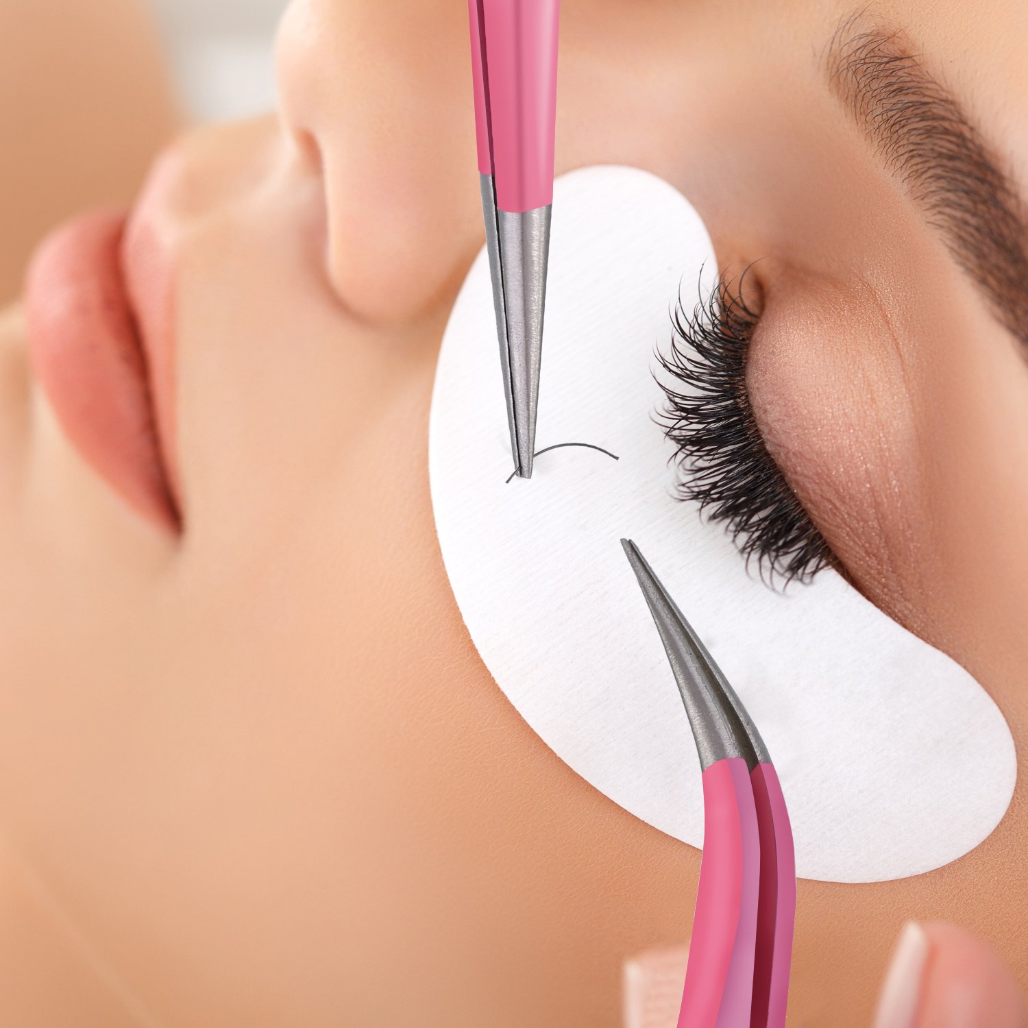 Hotop 2 Pieces Straight and Curved Tip Tweezers Eyelash Extension Tweezers, Stainless Steel False Lash Application Tools (Pink)