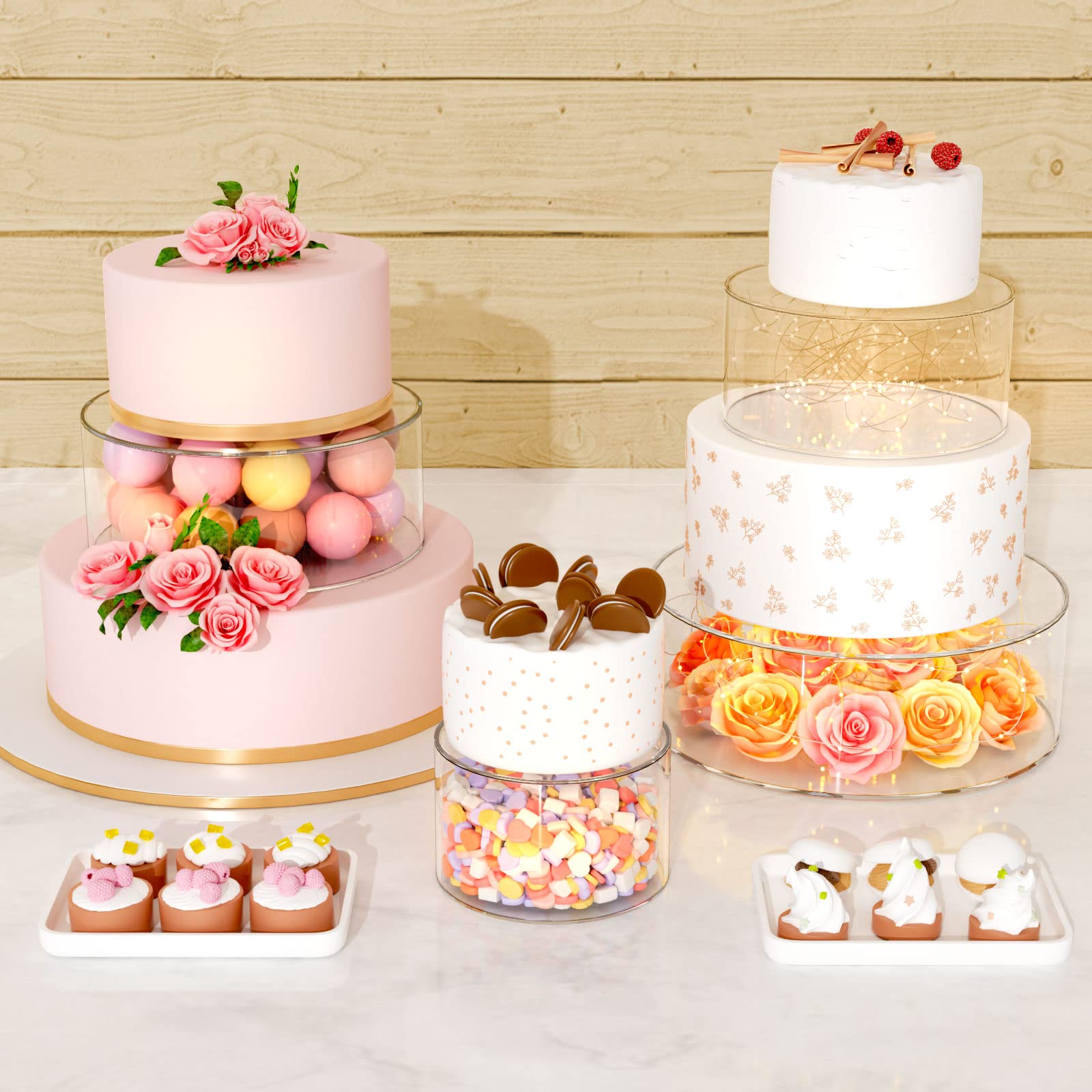 2PCS Acrylic Fillable Cake Stand Cake Riser Cake Tier, Round Cylinder Display Riser Display Box, Decorative Centerpiece for Wedding Birthday Party (10" Dx4 H inch, 6" Dx4 H inch, 2M LED Lights)