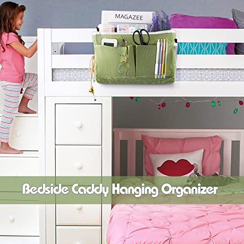 Frjjthchy Bedside Caddy Bed Caddy Hanging Storage with Water Bottle Holder for Bunk Bed Hospital Bed Dorm Rooms (Tea Green)
