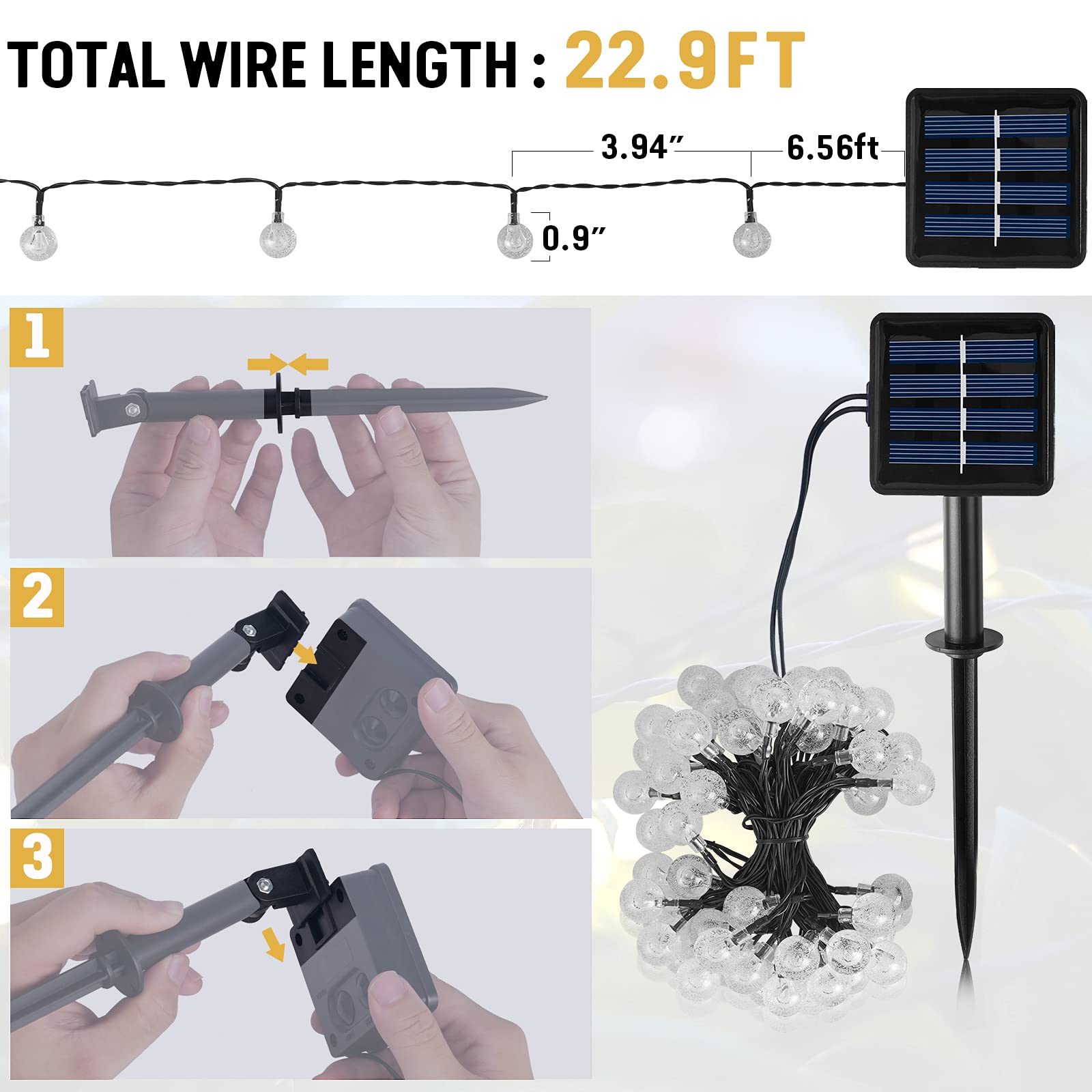 Bexdir Solar String Lights Outdoor, 50 LED Warm White Crystal Globe String Lights 8 Modes, Solar Powered Christmas Lights String for Porch Yard Garden Fence Tree Party Wedding Valentines Day Decor…