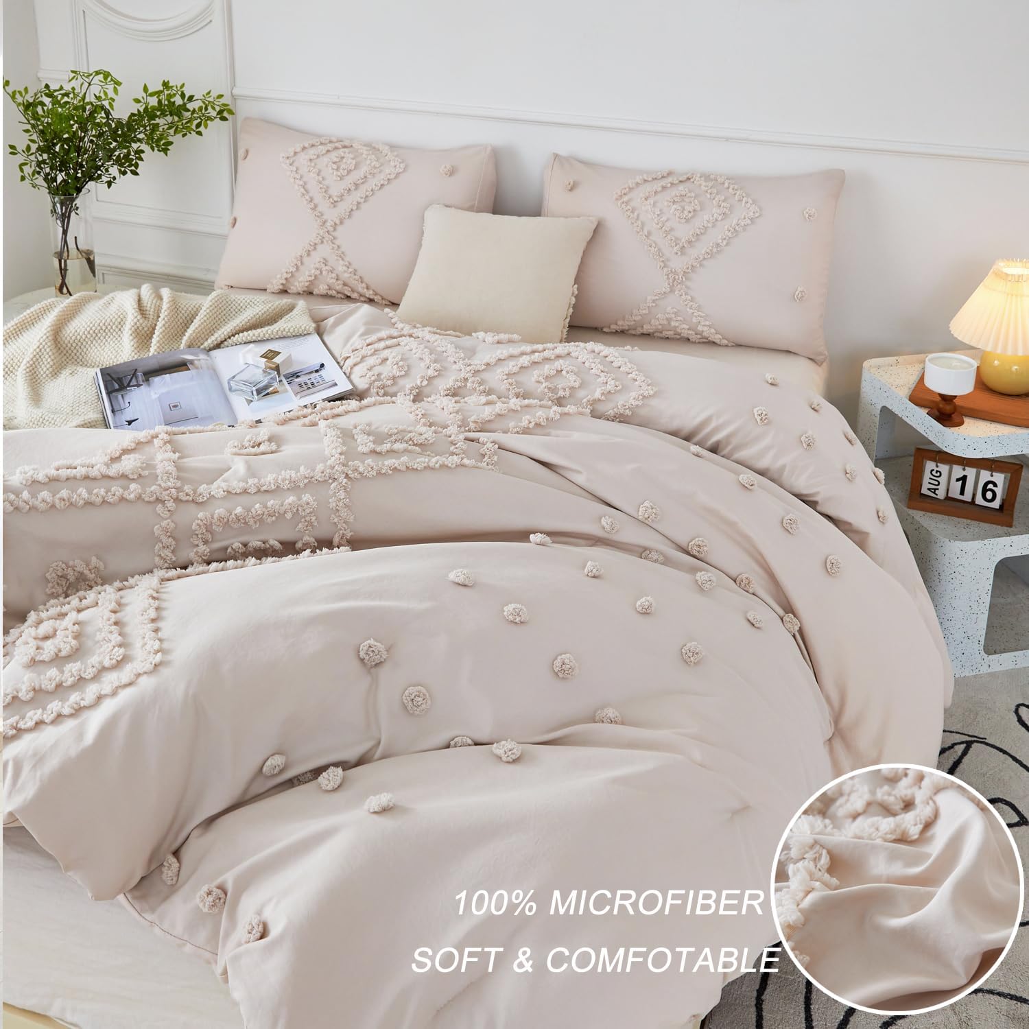 ZRNBAST Pink Full Size Comforter Sets 3 Pcs,Tufted Pom Boho Comforter Set Full, Soft Fluffy Farmhouse Embroidery Geometric Bedding Set for Girl(Pink, Full)