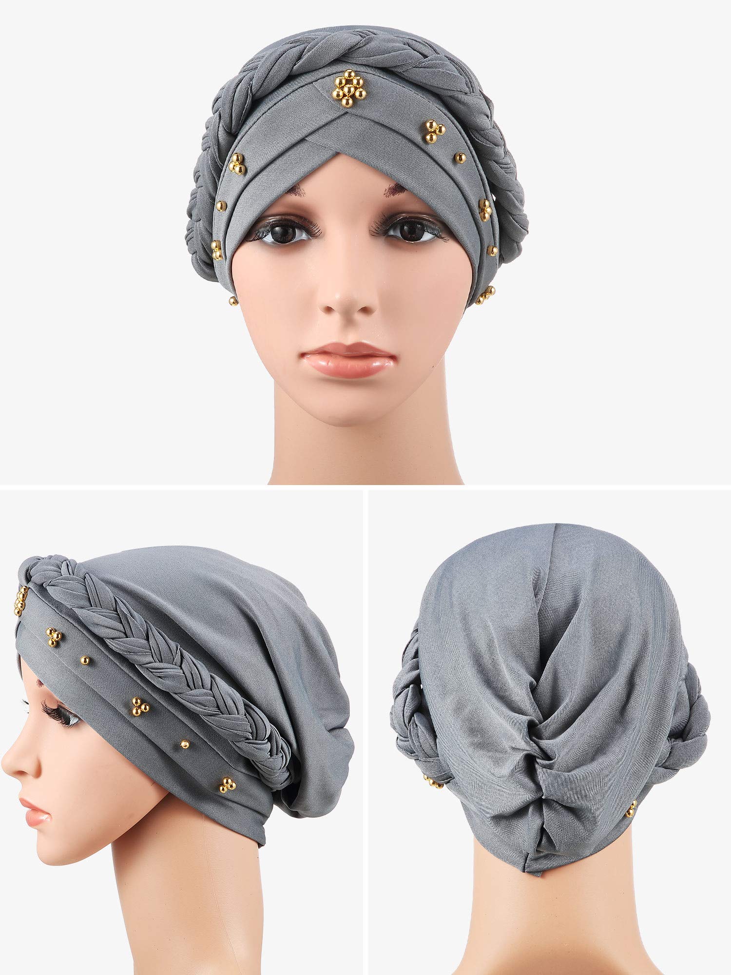 4 Pieces African Women Turban Cap Head Wraps Beaded Headscarf Beanie Wrap (Black, Grey, White, Red,Bead Style)