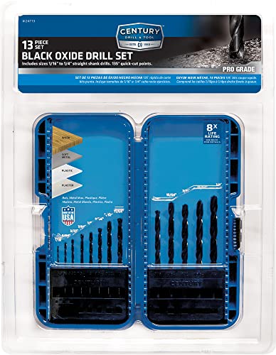 Century Drill & Tool 24713 Pro Grade Black Oxide Drill Set, 13 Piece, Made in The USA, for Wood and Metal