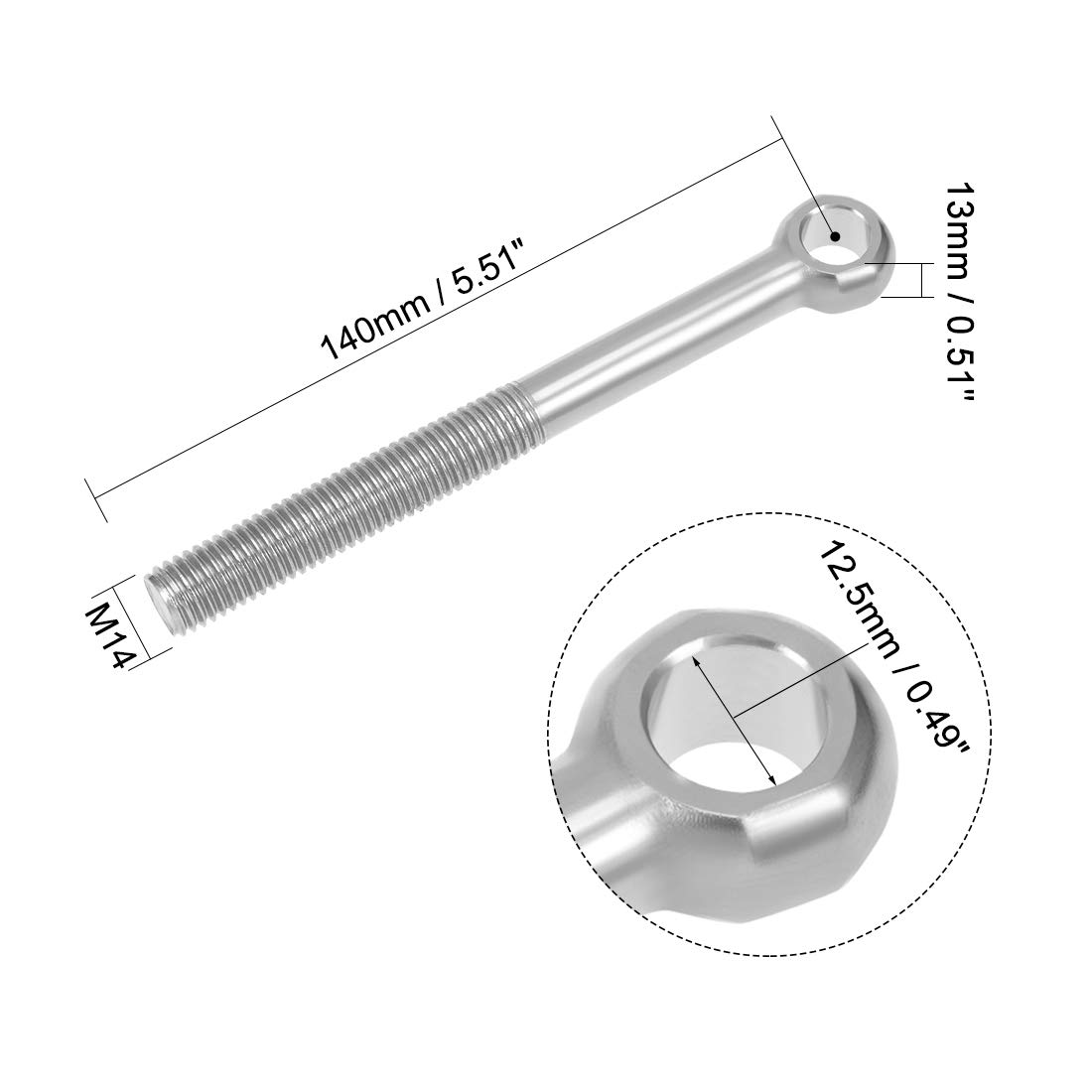 uxcell M14 x 140mm Machinery Shoulder Swing Lifting Eye Bolt 304 Stainless Steel Metric Thread 2pcs