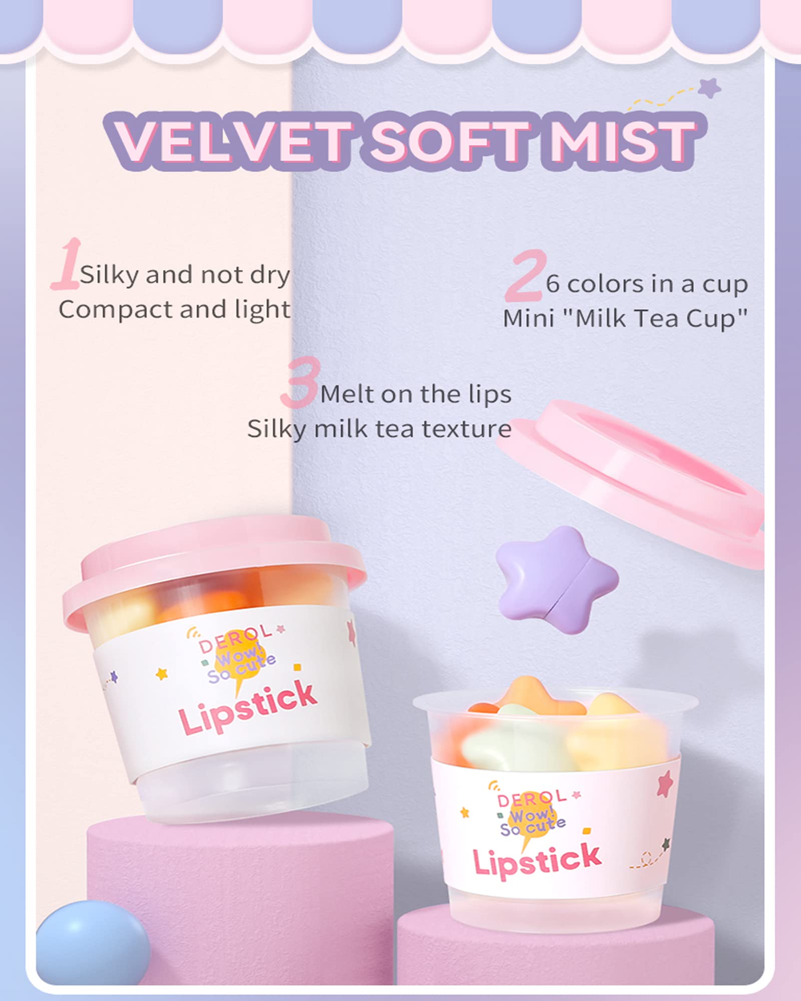 AKARY 6 Colors Mini Lipstick Set, High Pigment Stars Candy Matte Multicolor Red Lips Velvety Soft Lip Stick Waterproof Long Lasting Cute Capsule Lip Gloss, Non-Stick Cup Lip Makeup Gift Set for Women Girls