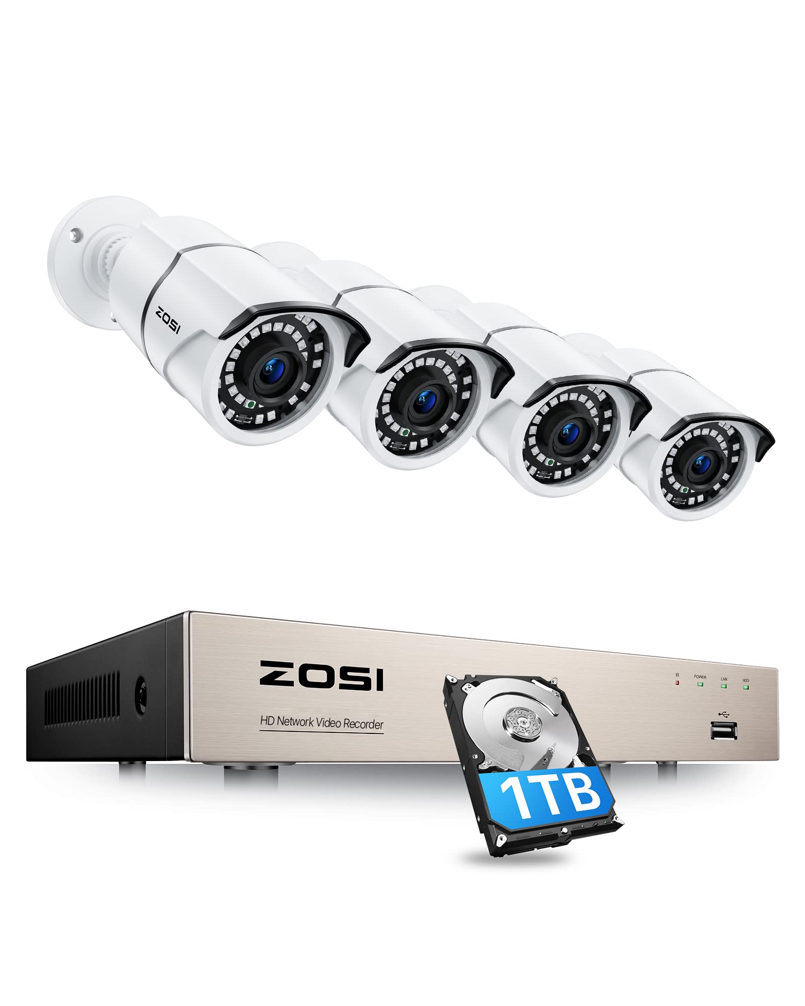 ZOSI 8CH 5MP PoE Home Security Camera System,H.265+ 8 Channel 5MP NVR with 1TB Hard Drive,4pcs Wired 5MP Outdoor Indoor PoE IP Cameras,120ft Night Vision,Motion Alert,Remote Access for 24/7 Recording
