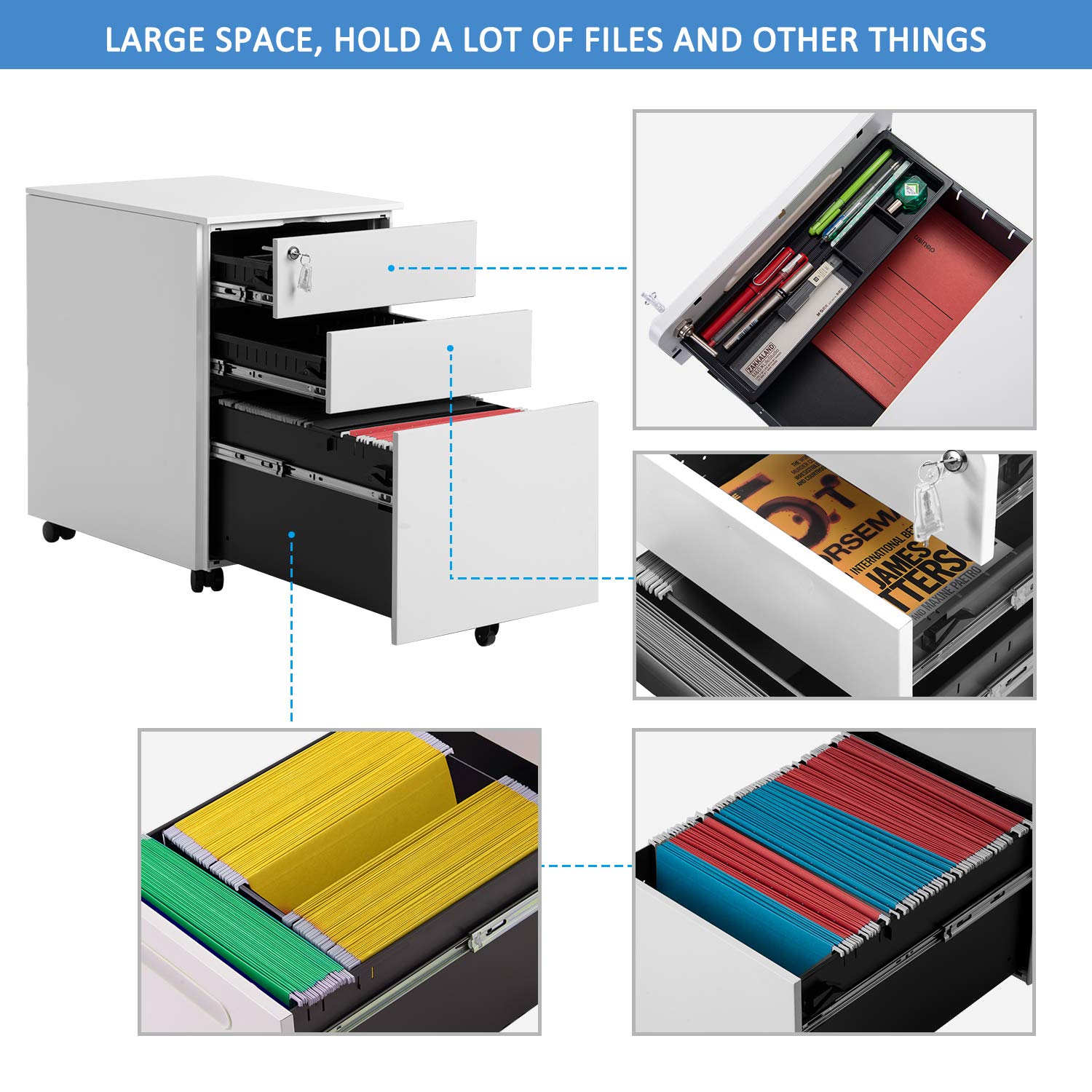 3 Drawer File Cabinet with Lock,Fully Assembled Mobile Metal Filing Cabinet for Home and Office, Steel, White