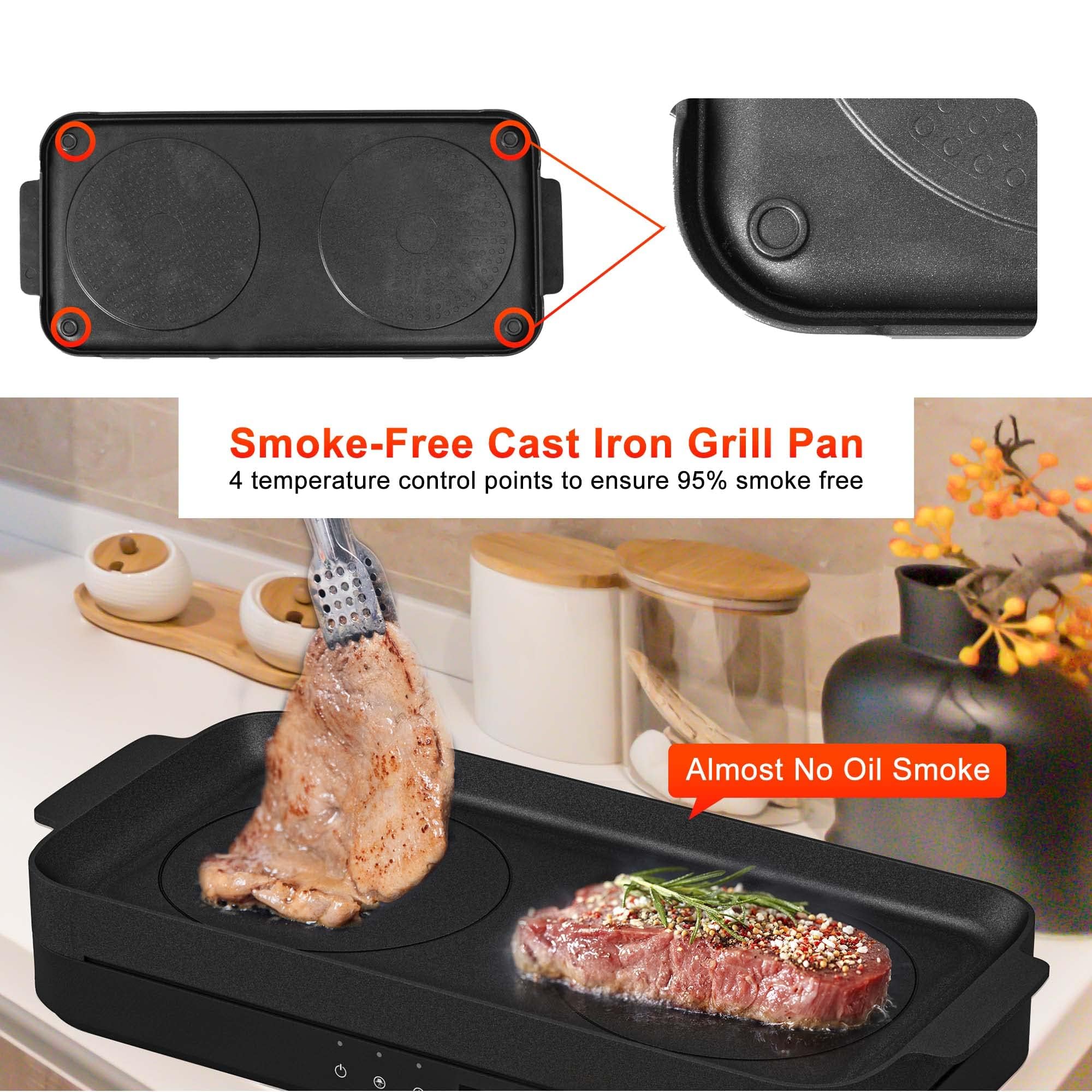 COOKTRON Portable Induction Cooktop 2 Burner with Removable Iron Cast Griddle Pan Non-stick, 1800W Double Induction Cooktop with Child Safety Lock & Time, Great for Family Party