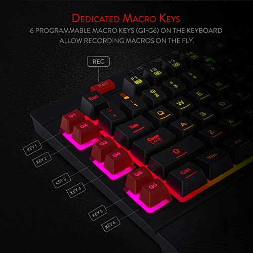 Redragon K512 Shiva RGB Backlit Membrane Gaming Keyboard with Multimedia Keys, Quiet Mechanical Feeling Keyboard, 6 Extra On-Board Macro Keys, Dedicated Media Control, Detachable Wrist Rest