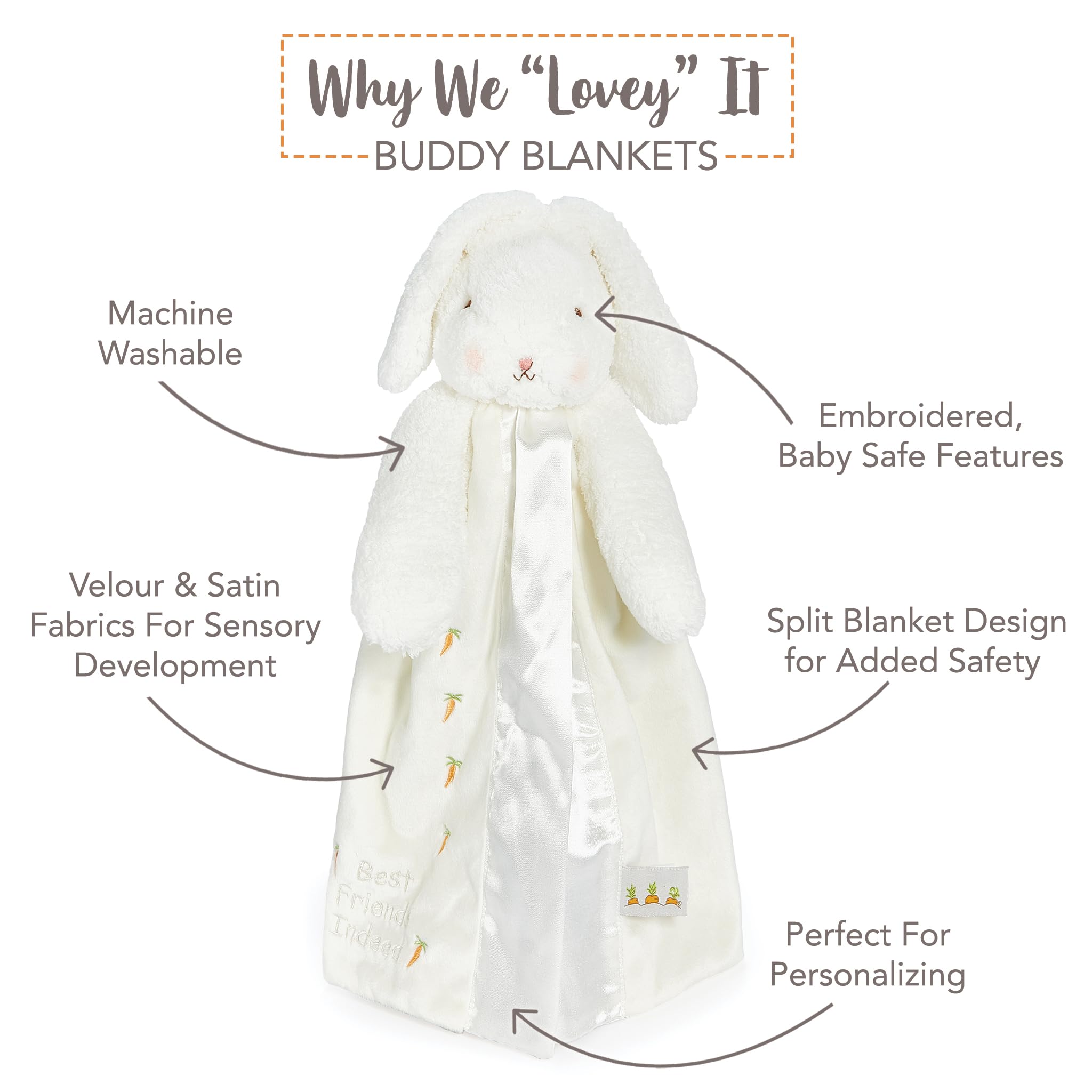 Bunnies By The Bay "Bun Bun Bunny" Buddy Blanket - 16" Stuffed Bunny and Baby Security Blanket - Super Soft Velour with Satin Lining