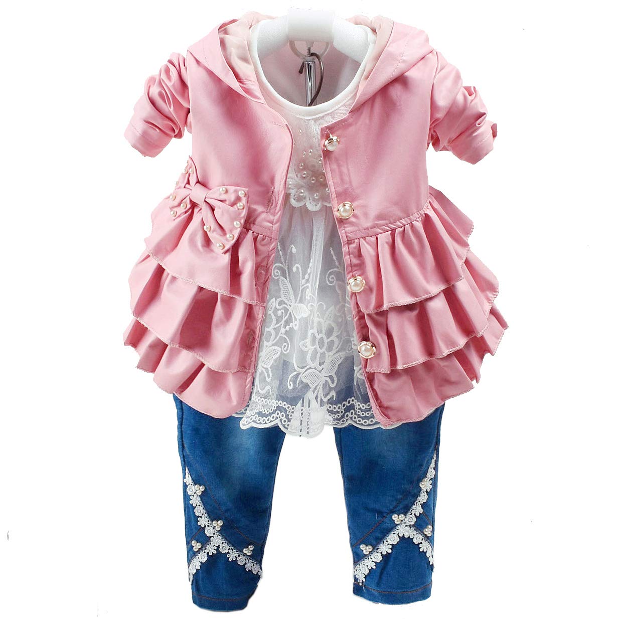 Peacolate 6M-4Y Baby Little Girls 3pcs Outfits Leather Hoodie Jacket Lace T-Shirt Denim Jeans(6-12M,Pink)
