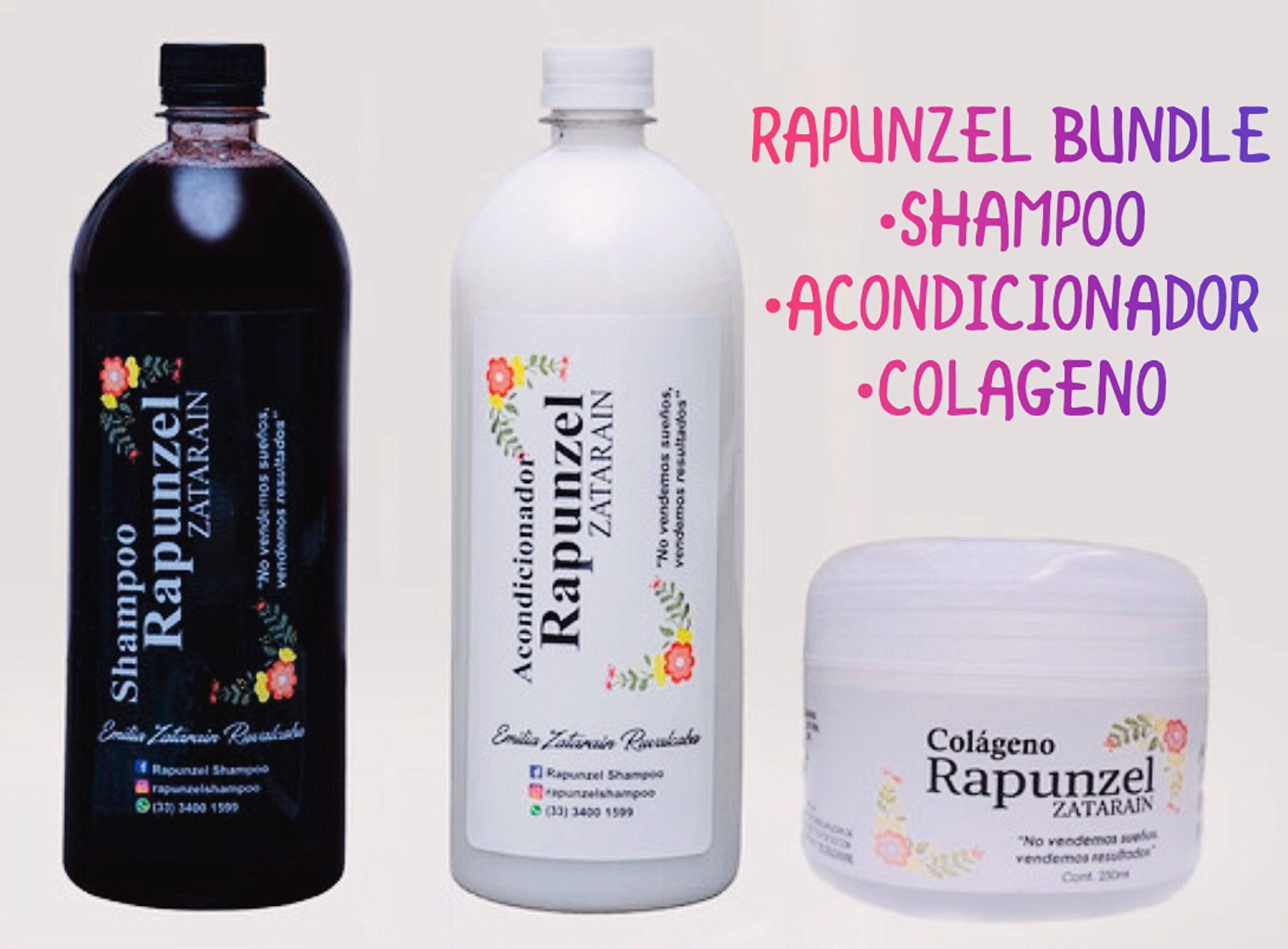 Super Rapunzel Sahmpoo/Conditioner/Colageno 3 in 1 Bundle. Effective Against Alopecia and Early Baldness, Eliminates Frizz, Dandruff, Ceborrhea. 100% Authentic Dist By Alebrije Imports Inc.
