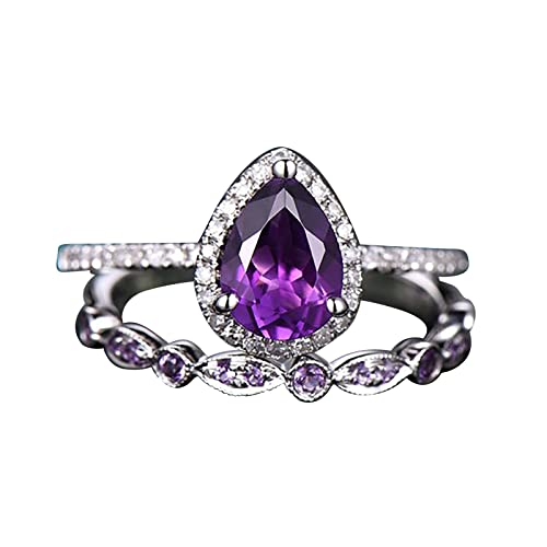 2pcs Shining Amethyst Ring Tear Drop Shape Cubic Zirconia Promise Rings Set Teardrop Ring Engagement Wedding Band Ring Sets