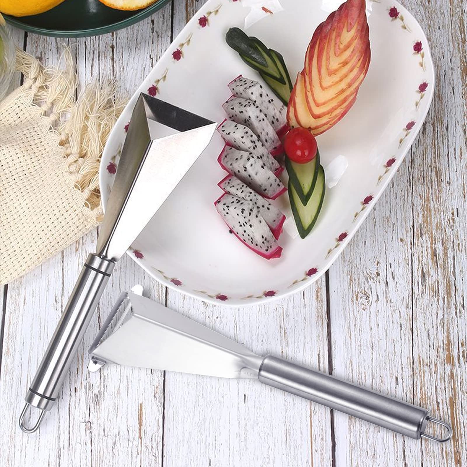 Klyuqoz Fruit Carving Knife, 2 Pack Fruit Cutter, Stainless Steel Vegetable Carving Tools, Triangular Shape DIY Carving Knives for Home Kitchen Platter Tray Decoration(Silver)