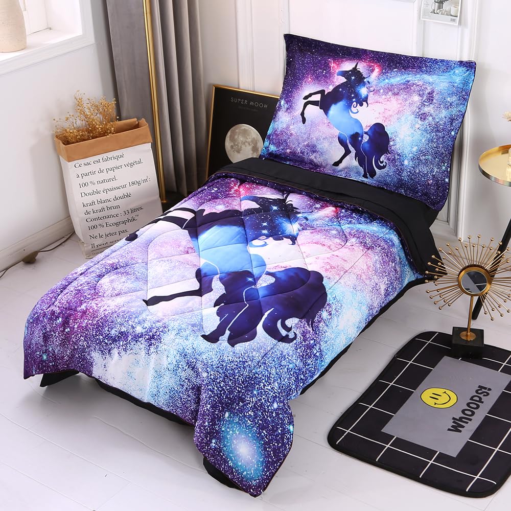 Wowelife Unicorn Toddler Bedding Set for Girls Galaxy Toddler Bed Sheets Sets Blue Kids Toddler Comforter Set Breathable and Soft with Comforter, Flat Sheet, Fitted Sheet and Pillowcase
