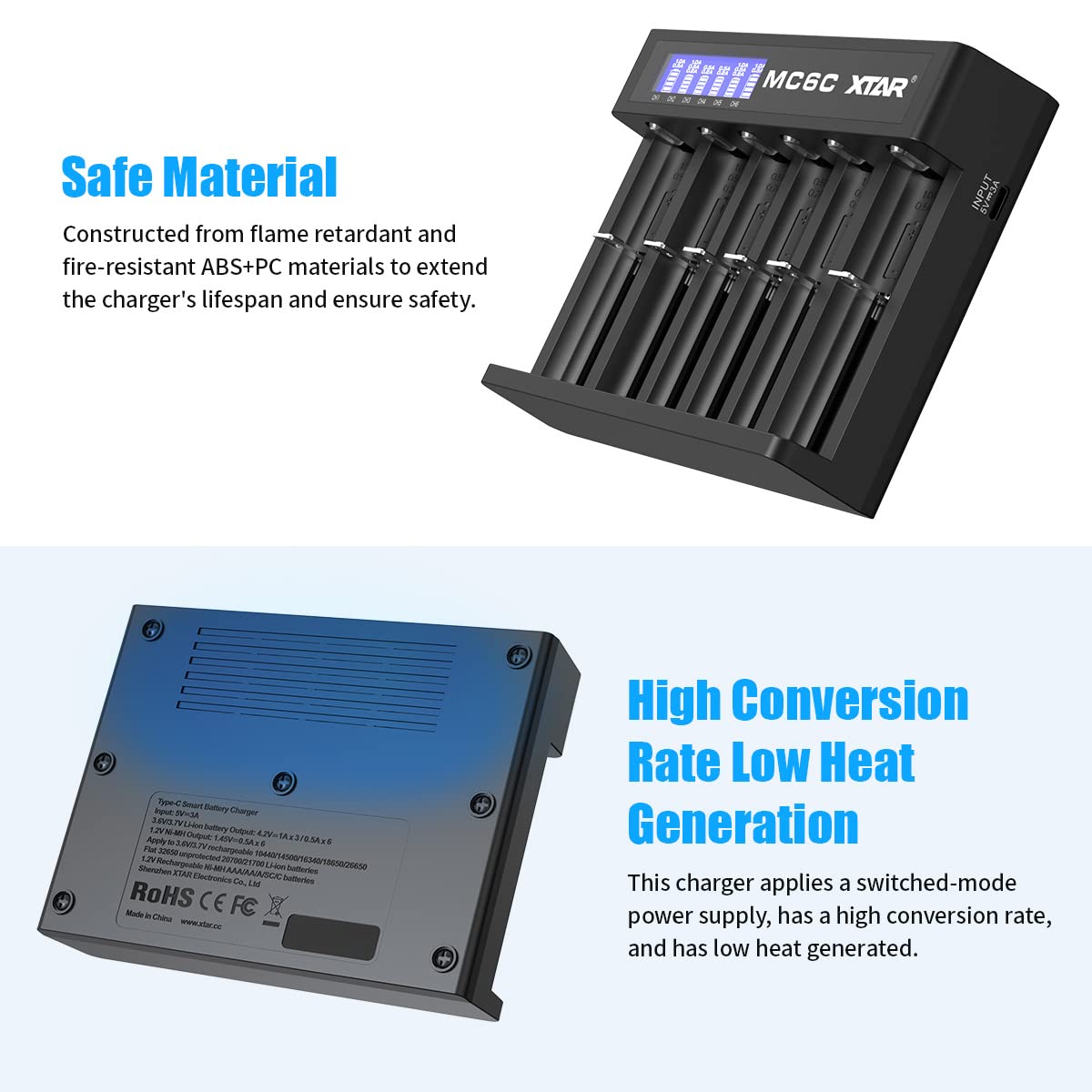 Intelligent ChargerXTAR MC6C 18650 Battery Charger with USB C & DC Dual Input 6 Slots 18650 Charger for 3.6v 3.7V Li-ion 1.2V AA AAA Rechargeable Batteries