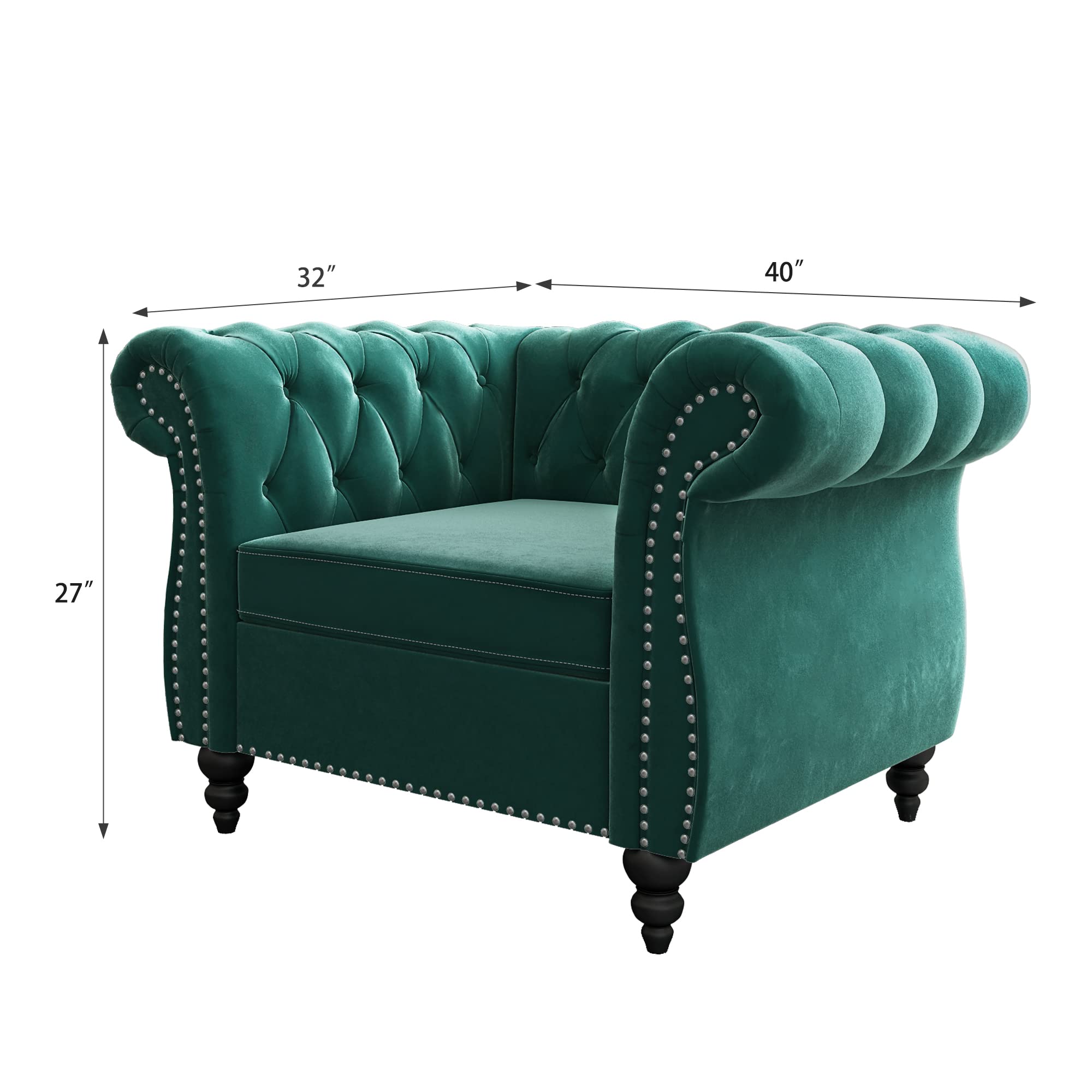 3 Piece Living Room Set, Velvet Chesterfield Sofa Loveseat Couch Chair with Scroll Arms and Nailhead for Living Room, Office (Green)