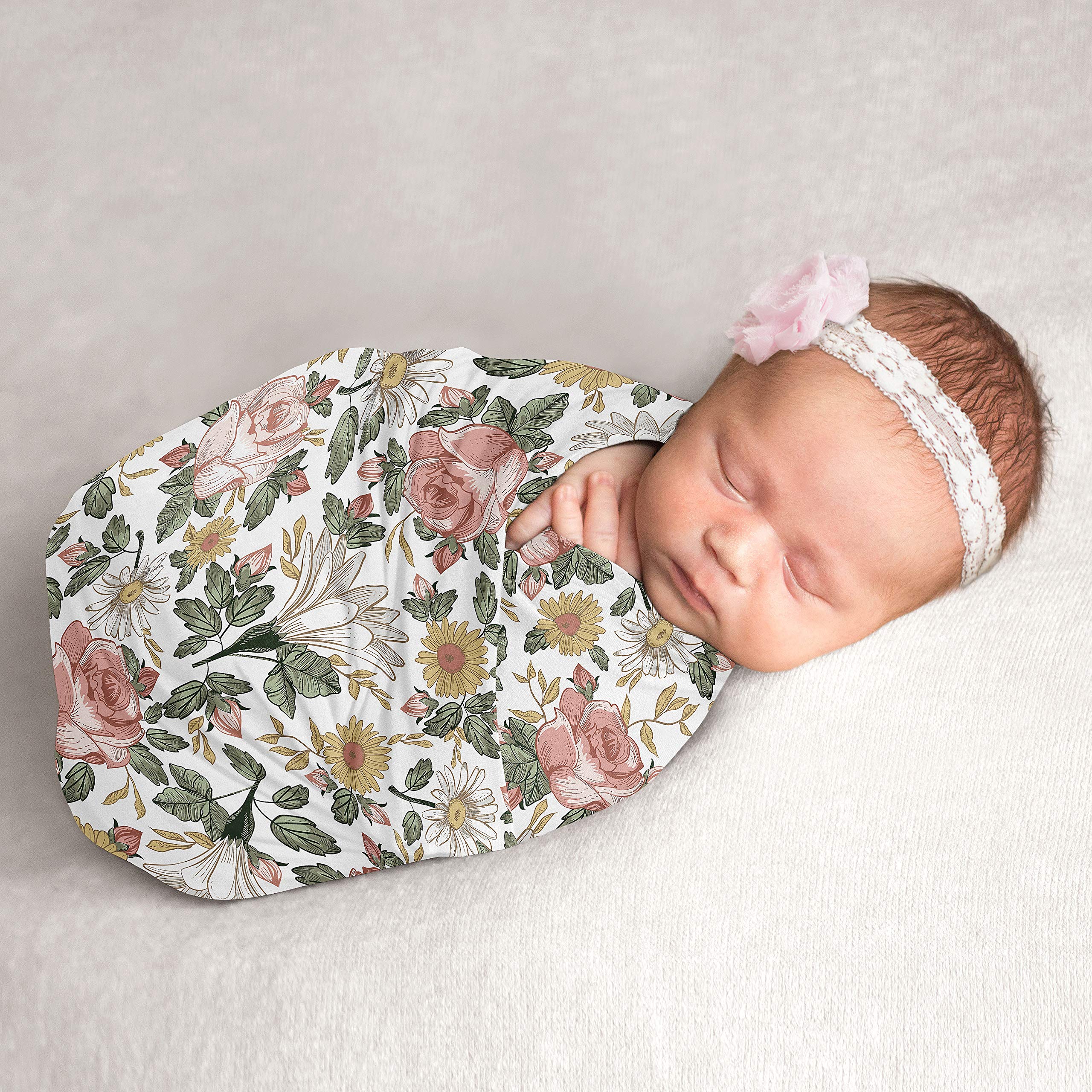 Sweet Jojo Designs Vintage Floral Boho Baby Girl Swaddle Blanket Jersey Stretch Knit for Newborn or Infant Receiving Security - Blush Pink, Yellow, Green, White Shabby Chic Rose Flower Farmhouse