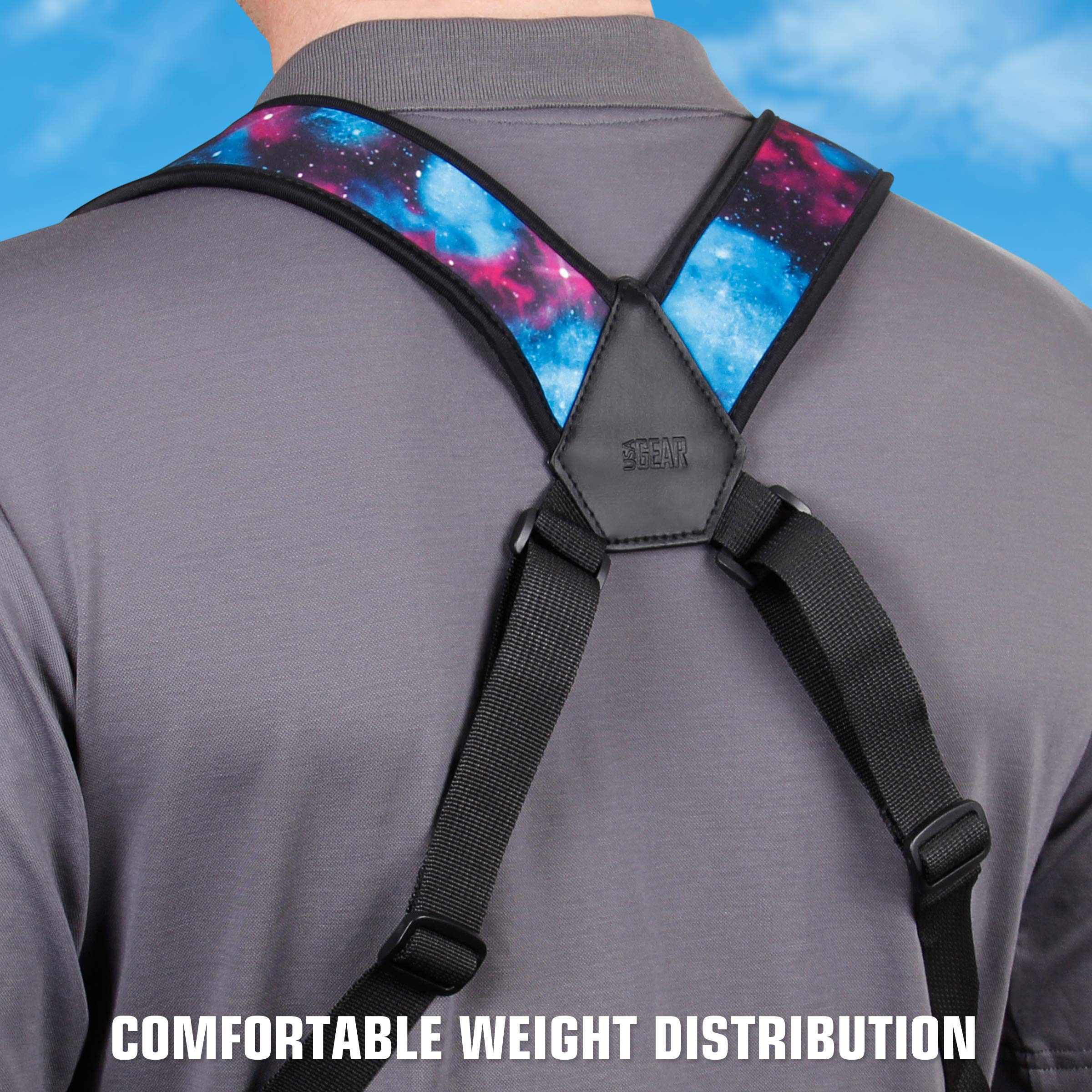 USA Gear DSLR Camera Strap Chest Harness with Quick Release Buckles, Galaxy Neoprene Pattern and Accessory Pockets - Compatible with Canon, Nikon, Sony and More Point and Shoot and Mirrorless Cameras