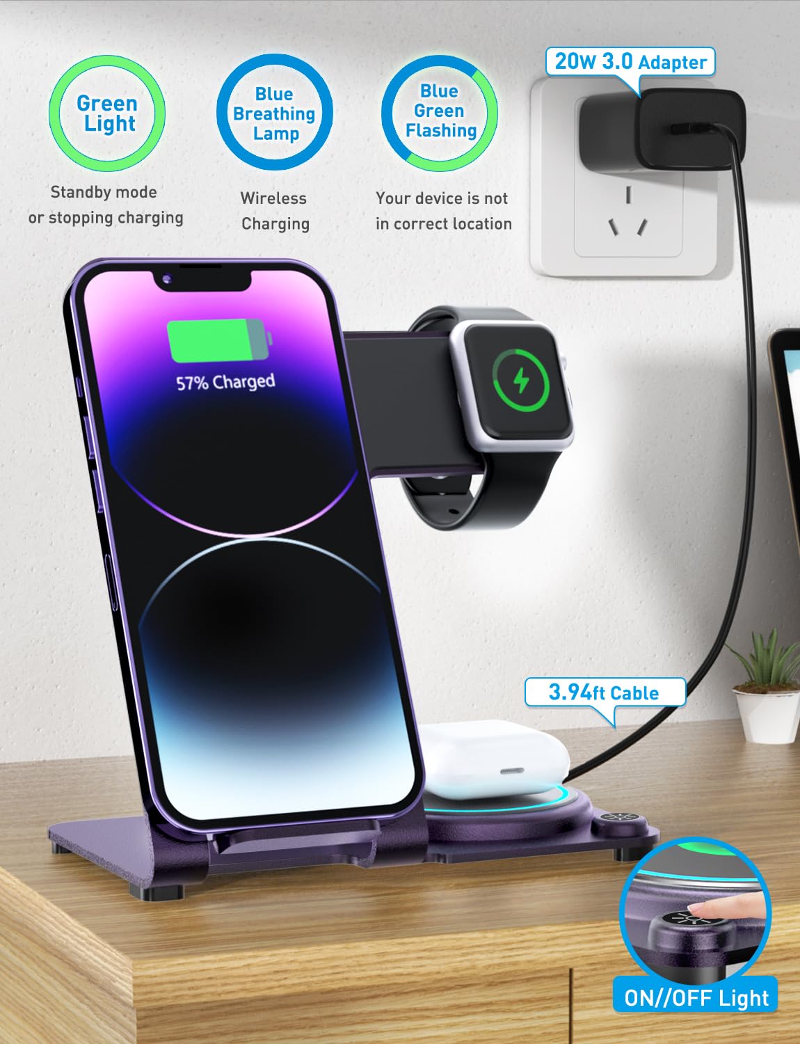 3 in 1 Charging Station Apple Purple - Mlfsaier ๐๐ฅ๐ฎ๐ฆ๐ข๐ง๐ฎ๐ฆ ๐๐ฅ๐ฅ๐จ๐ฒ Multiple Fast Wireless Charger Stand for Apple Watch & Airpods iPhone 15 14 13 12 11 Pro X Max XS XR 8 7 Plus Nightstand