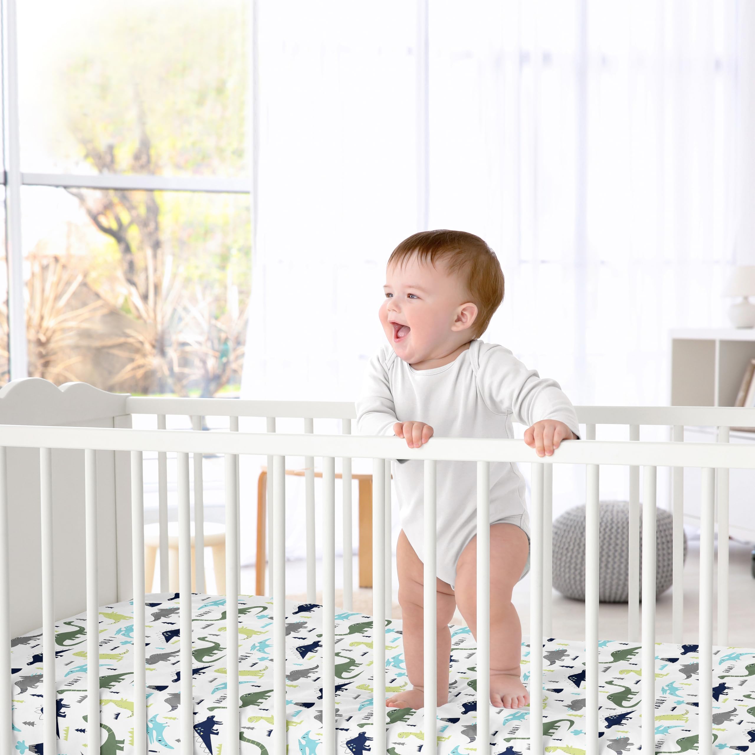 Sweet JoJo Designs Mod Dino Boy Jersey Stretch Knit Baby Fitted Crib Sheet for Soft Toddler Bed Nursery - Blue, Green and Grey Modern Dinosaur