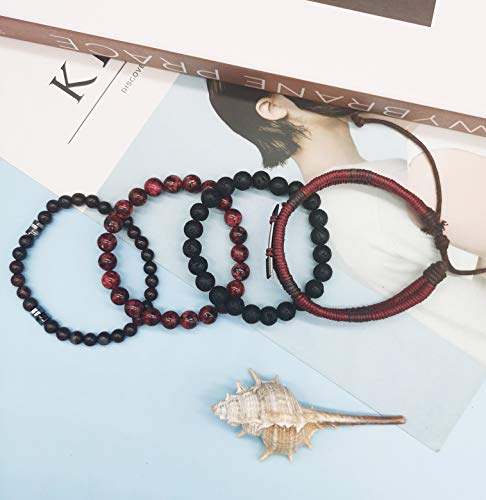 CASDAN 4-5 Pcs Leather Woven Braided Bracelet for Men Women Wrap Cuff Bracelets Linen Hemp Cords Wood Beads Ethnic Tribal Wristband Adjustable 4