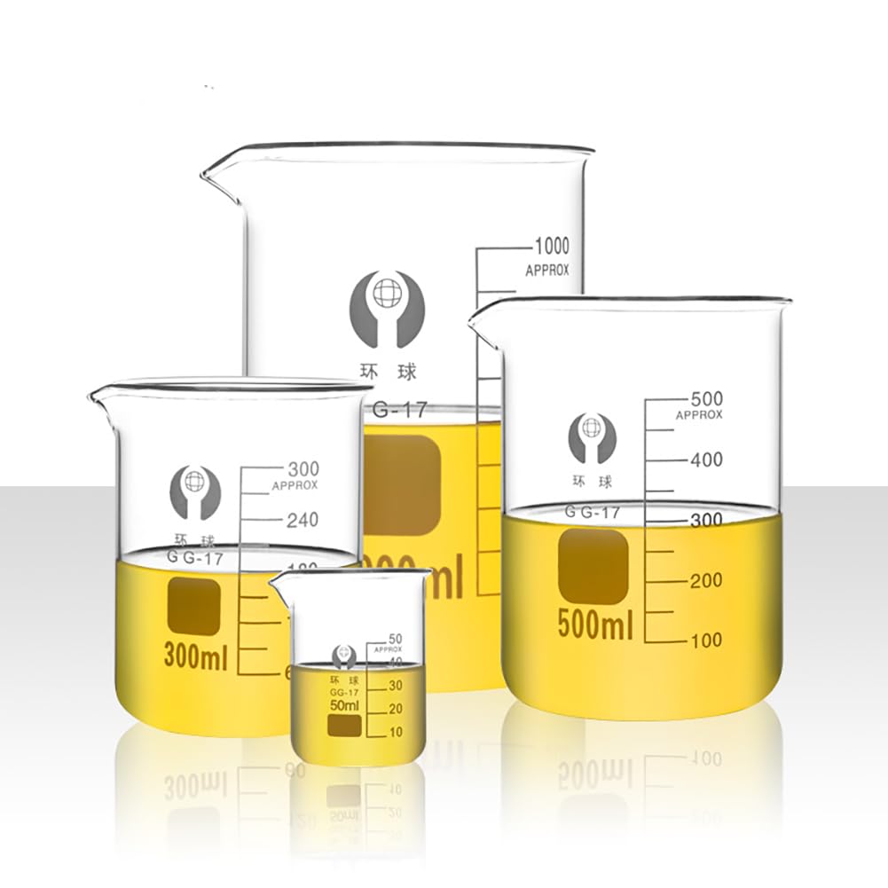 KNMNIU 50ml Low Form Glass Beaker, 3.3 Borosilicate Glass Graduated Printed Scale Measuring Cups with Spout for Kitchen Lab Liquids,4 PACK