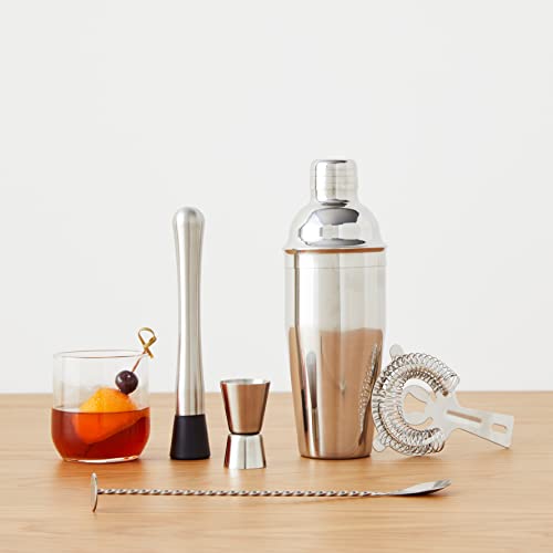 Amazon Basics 5-Piece Stainless Steel Bar Tools Set with 24oz Shaker, Jigger, Strainer, Muddler
