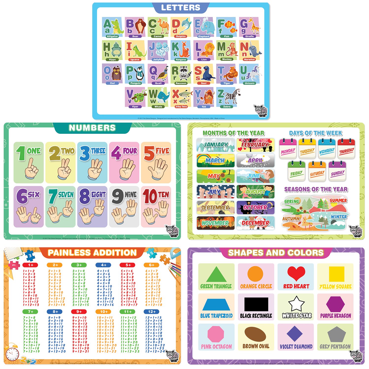 Fat Zebra Designs Educational Placemats - Set of 10 Learning Placemats - Easy Clean, Durable & Reusable Kids Table Mats - 12x17 Inches