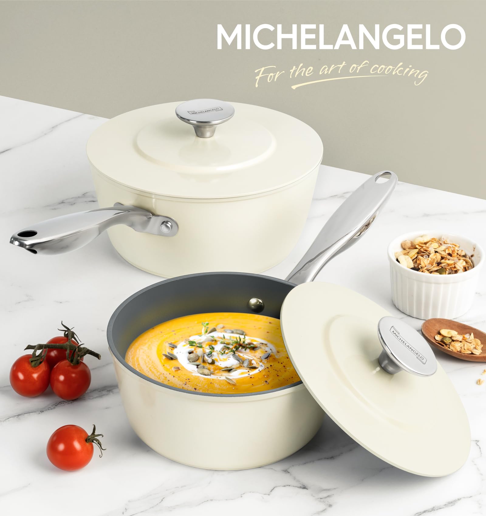 MICHELANGELO Sauce Pan with Lid, Nonstick Ceramic Saucepans Set, 1.5Qt & 3Qt Sauce Pan Sets with Stainless Steel Handle, Non-Toxic, Induction Compatible, Oven Safe