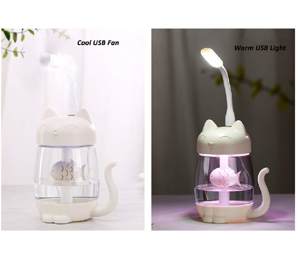 3 in 1 Cool Mist White Cat Humidifier included USB Fan,USB Lamp and 7- Color Night Light features with free (1 x fruit Coaster)