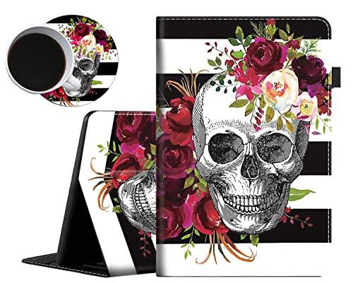 Case for All-New Fire HD 10 & Fire HD 10 Plus Tablet (10.1", 11th Generation, 2021 Release), Slim Folio Stand Soft Protective Cover with Smart Auto Wake/Sleep, Skull Flower + Coasters