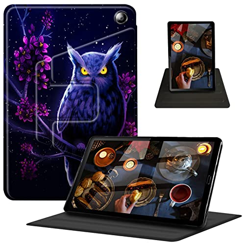 Case for Amazon Kindle Fire 7 Tablet (12th Generation 2022 Release) 360 Degree Rotating Swivel Stand PU Leather Cover with Auto Wake Sleep, Purple Owl