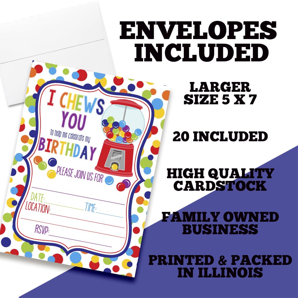 Cute Rainbow Colored Bubble Gum Themed Birthday Party Invitations for Kids, 20 5x7 Fill In Cards with Twenty White Envelopes by AmandaCreation…