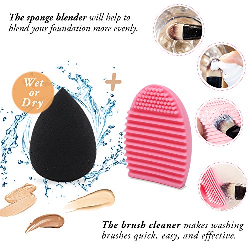 Qivange Makeup Brushes, Professional Foundation Eyeshadow Blending Brushes Set with Brush Holder+ Sponge & Brush Cleaner(Black with Rose Gold, 12pcs)