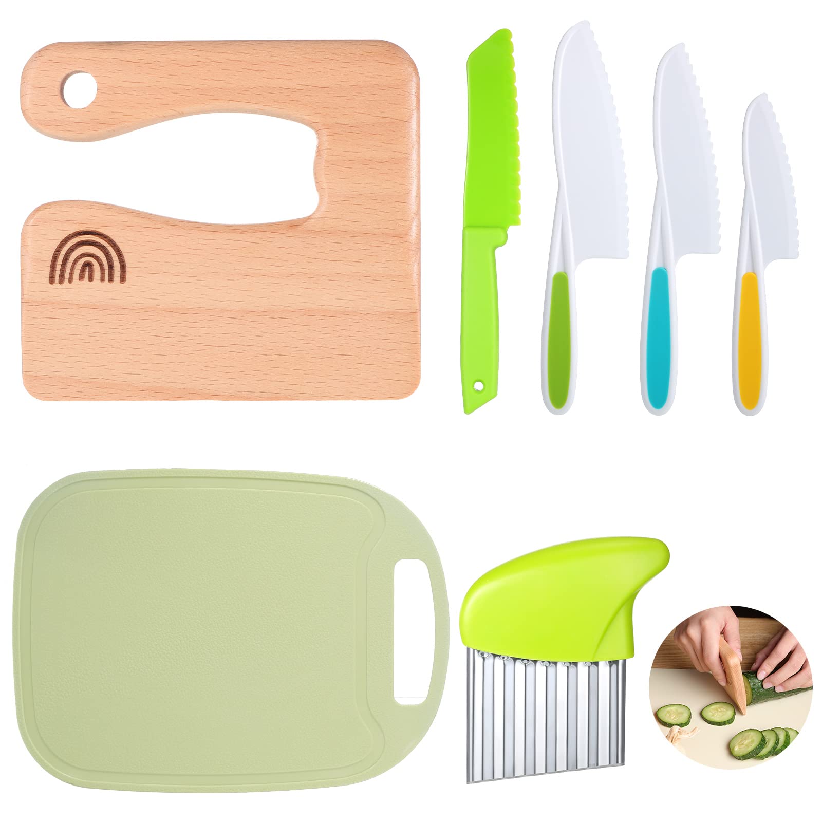 7 Pieces Wood Kids Kitchen Knife Toddler Knife Set Includes Wooden Kids Knife Serrated Edges Plastic Cooking Knives Green Cutting Board Vegetable Crinkle Cutter Cooking Utensils for Kids Home Supplies
