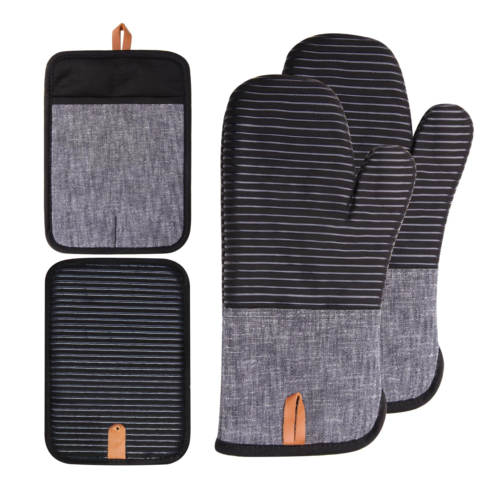 4PCS TIPTAP Oven Mitts, Kitchen Oven Mitts Set, Non Slip Cotton Oven Mitt and Pot Holders,Heat Resistant, Machine Washable,2 Long Mit and 2 Pot Holder(Black)