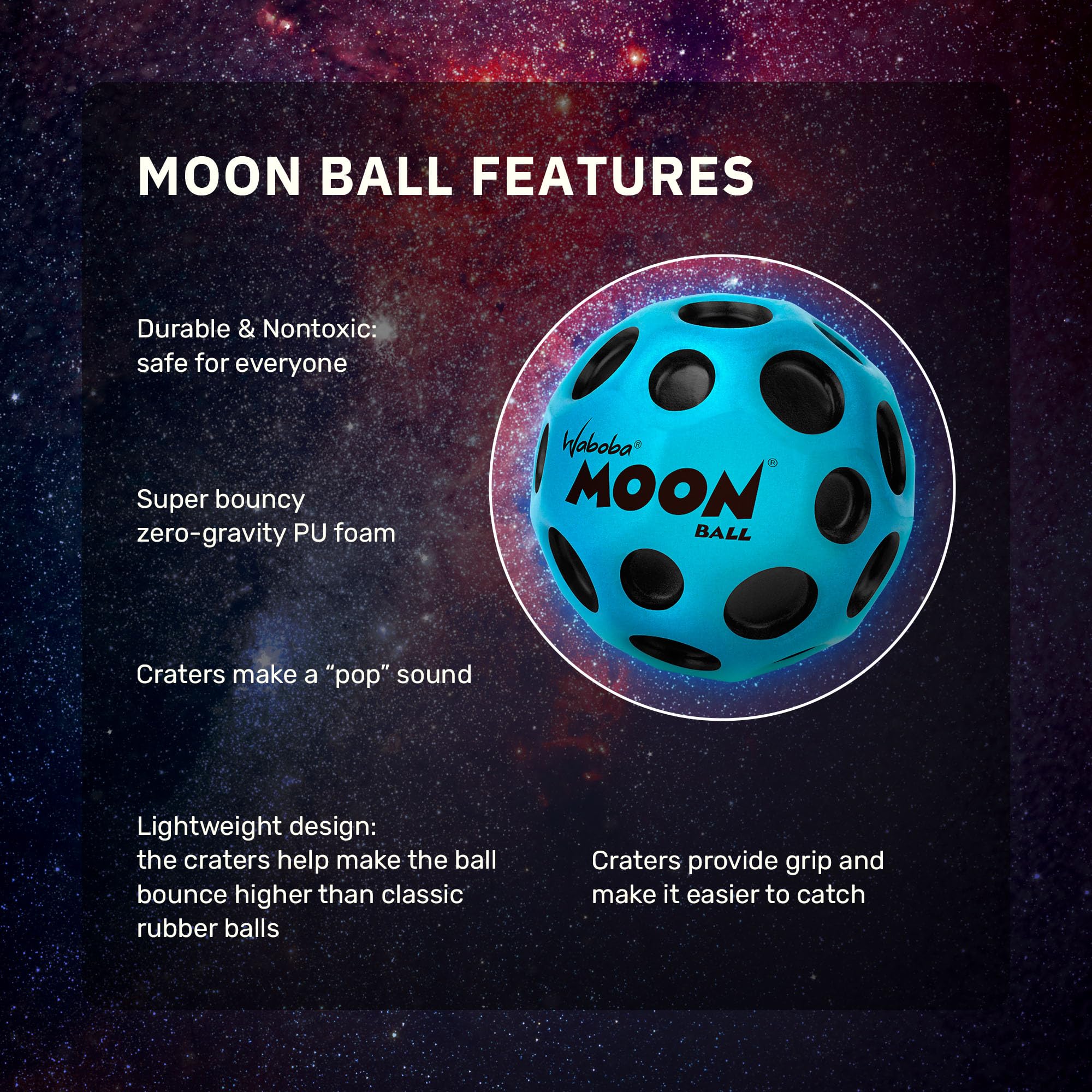 Waboba Moon Ball - Super High Bouncing Ball - Neon Coloured Indoor and Outdoor Ball Ages - Make Pop Sounds - Easy to Grip, Blue - (65 mm