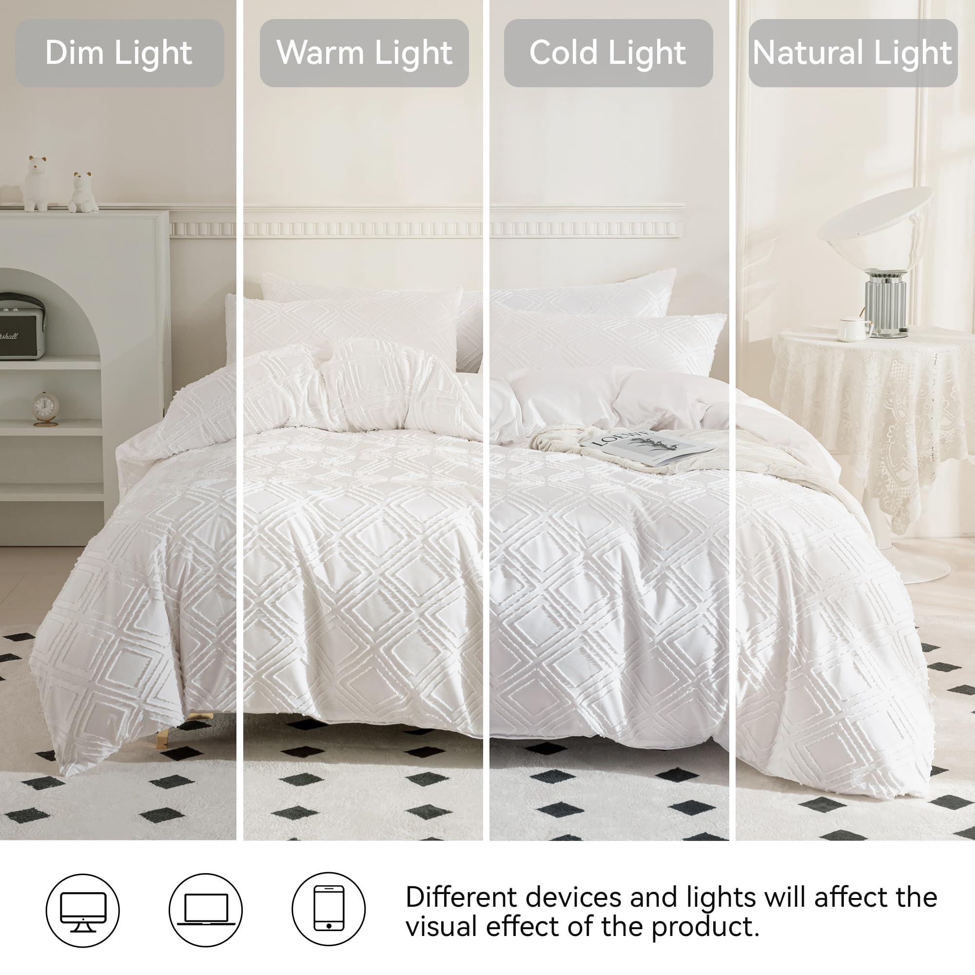 JELLYMONI Ultra-Soft Microfiber 3pc Tufted Duvet Cover Set, White Boho Textured Bedding Cover Jacquard Rhombus Geometric Pattern Reversible Comforter Cover with Zipper Closure & Corner Ties (Full)