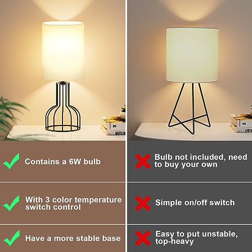 Bedside Table Lamp for Bedroom - Small Lamp with 3 Color Modes-3000K-4000K-5000K Nightstand Lamp with Simple Black Metal Base and White Fabric Shade for Kids, Living Room,Bedroom (LED Bulb Included)
