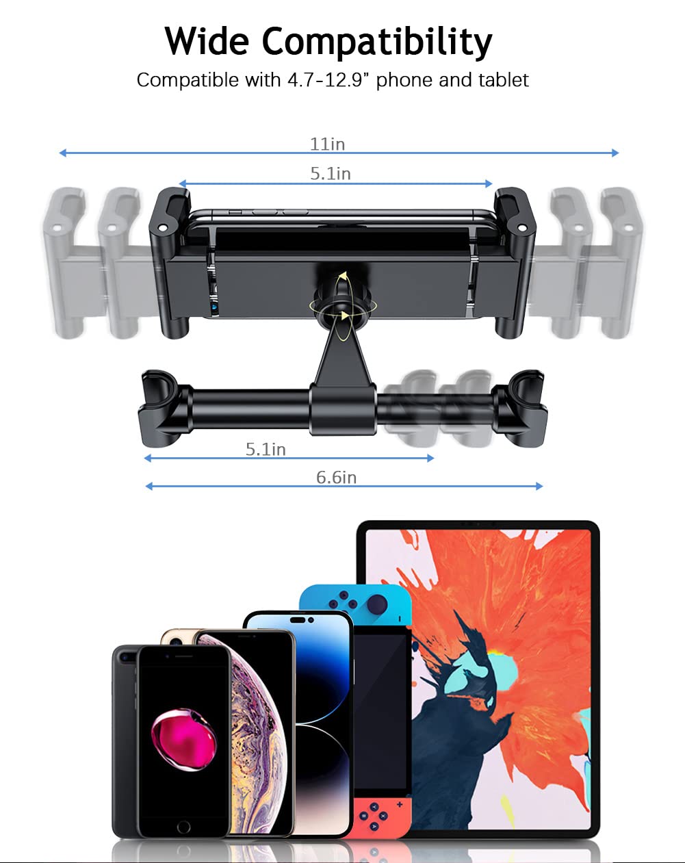 simr Car Headrest Tablet Mount Holder Car Back Seat Tablet Stand for Kids, Compatible with iPhone 14 13 12 Pro iPad Air Pro Mini Galaxy Tab Kindle Fire HD, 4.7-12.9 inch Devices (Black)